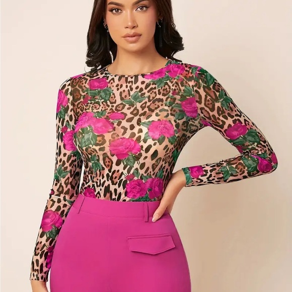 Tops | 35 Long Sleeve Leopard And Floral Print Mesh Sheer Top | Poshmark